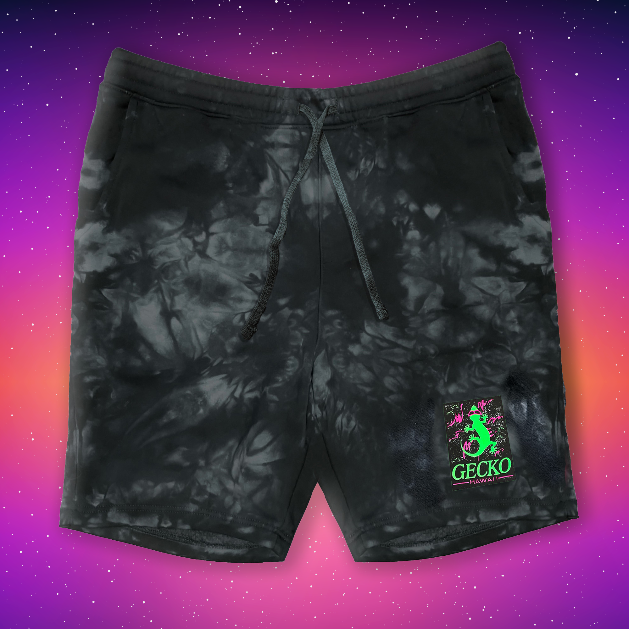Space Gecko Black Tie-Dye Shorts | Gecko Hawaii